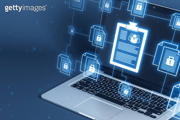 Close up of laptop with creative digital chain of documents on blurry ...