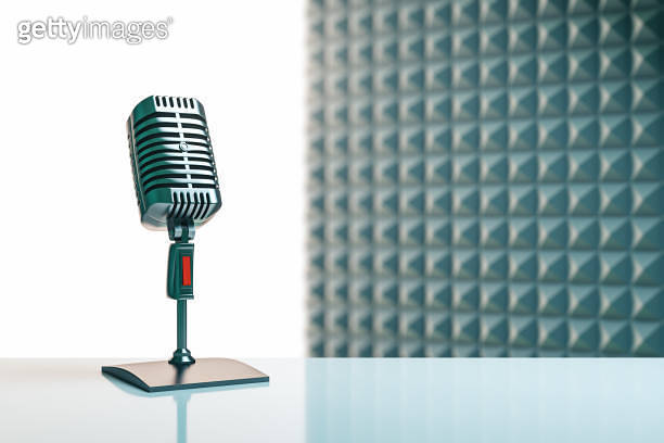 Creative image with mic and mock up place on gray backdrop. Podcast ad ...