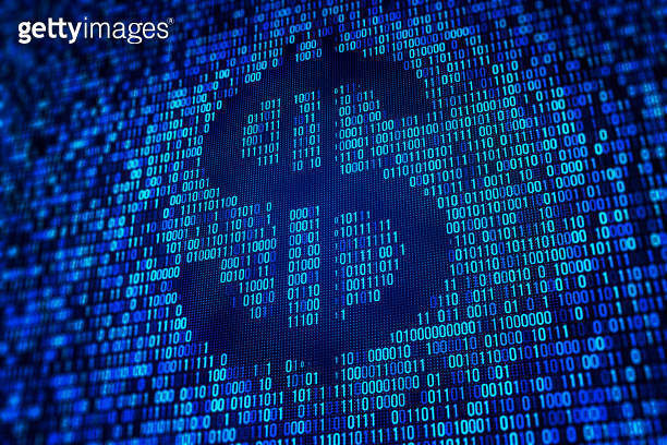 Binary code forming a dollar symbol, shown in bright blue colors on a ...