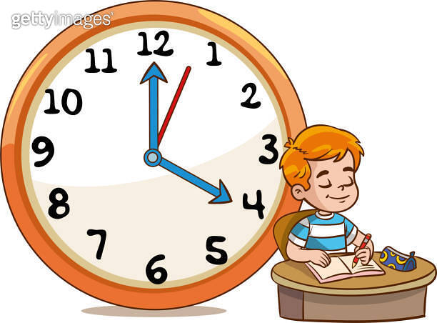 child studying.Daily routine with simple clocks.Vector set with kid ...