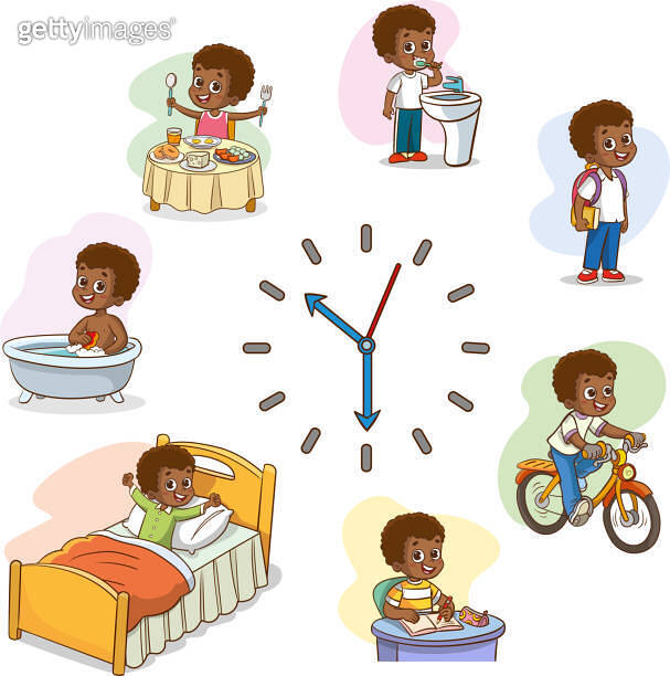 Boy daily routine. Children everyday activities and habits. Dial clock ...
