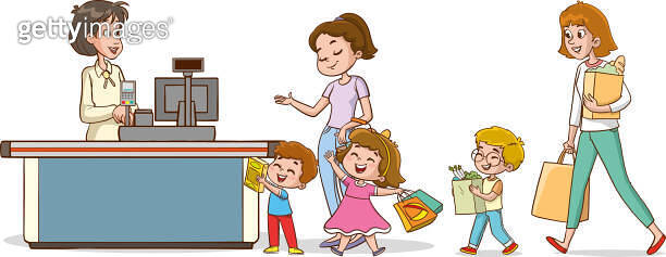 Mother and Kids Navigating the Aisles of a Crowded Supermarket and ...
