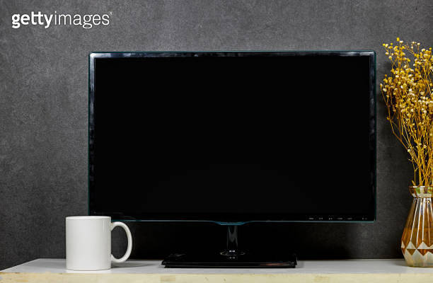 black screen tv with white coffee mug , white porcelain mug mock up on ...