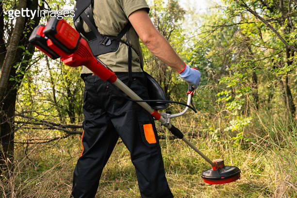 Man using a brush cutter to clear bushes 이미지 (2150324042) - 게티이미지뱅크