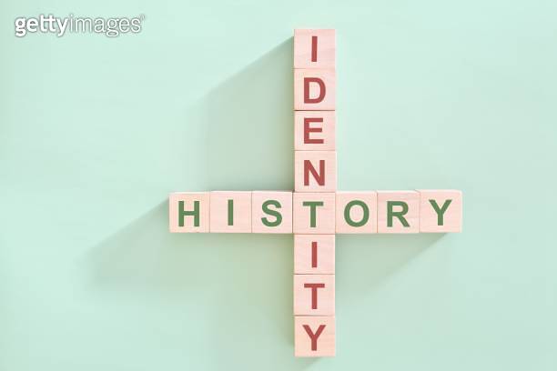 History and identity connection concept. Word flat lay composition. 이미지 ...