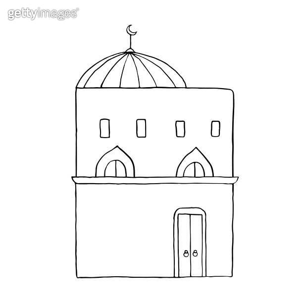 Arabic two story house with door, window and dome line vector ...