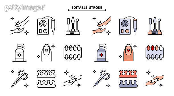 Nail service outline color icons set. Manicure gel pedicure signs ...