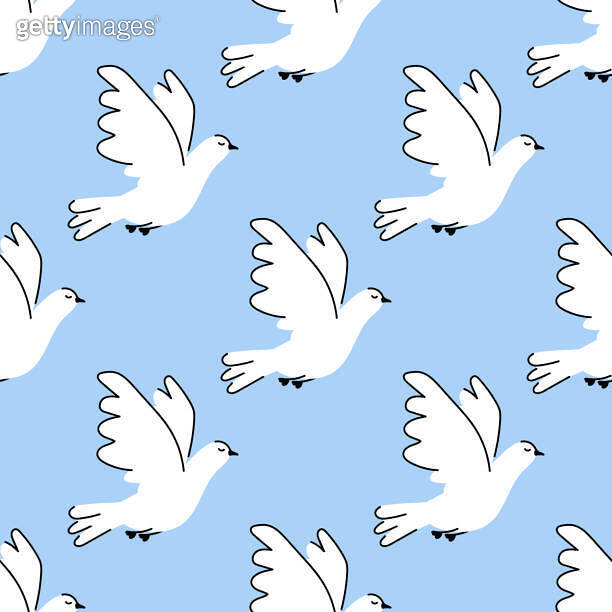 Cute hand drawn seamless pattern with abstract white doves on blue ...