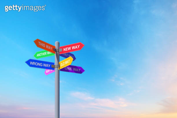 Directional signboards in different colors facing different directions ...