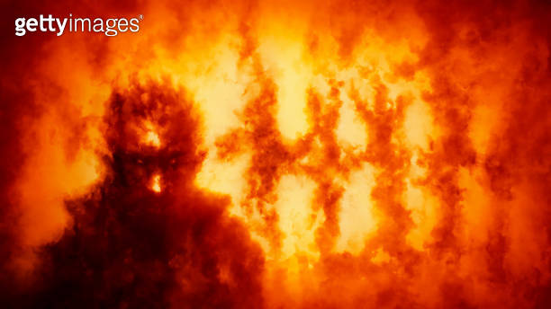 Scary man silhouette stands with his back to fire. Burning house 2d ...