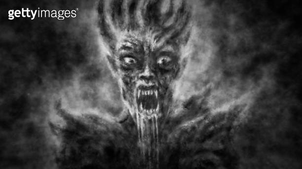 Scary demon vampire screams furiously. 2D illustration in horror ...