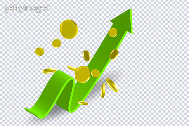 Chart arrow and flying coins 이미지 (2149128348) - 게티이미지뱅크