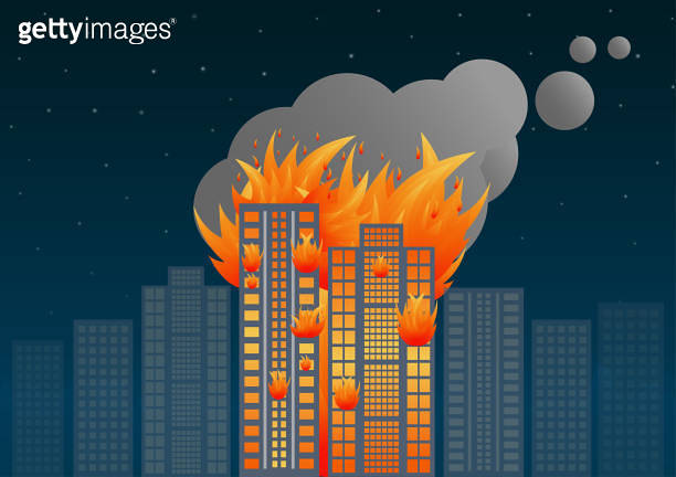 Building on fire. Burning Building. Skyscrapers on Fire from War ...