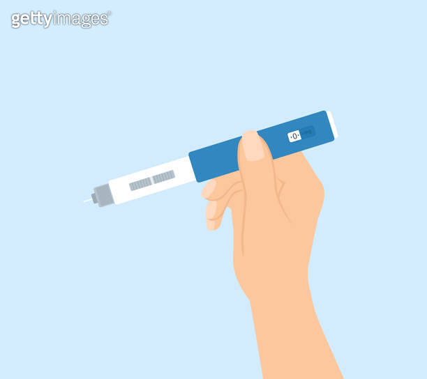 Hand Holding Insulin Injection Pen On Blue Background. Insulin Therapy ...