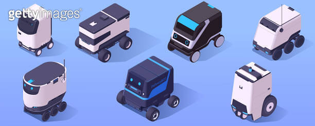 Set of cute realistic designed delivery robots. Collection of various ...