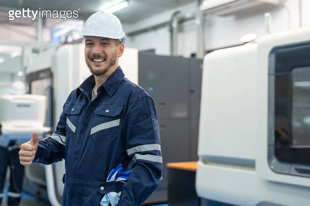 Male engineer showing thumbs up and standing at factory. Smiling ...