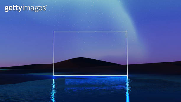 3D render, Surreal landscape square blue neon light portal on water ...