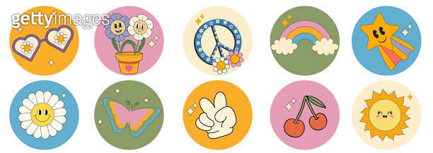 Trendy comic groovy hippie 70s sticker set. Cute and funny characters ...