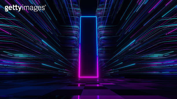3d Render, Blue pink neon square portal gate over hyper speed light ...