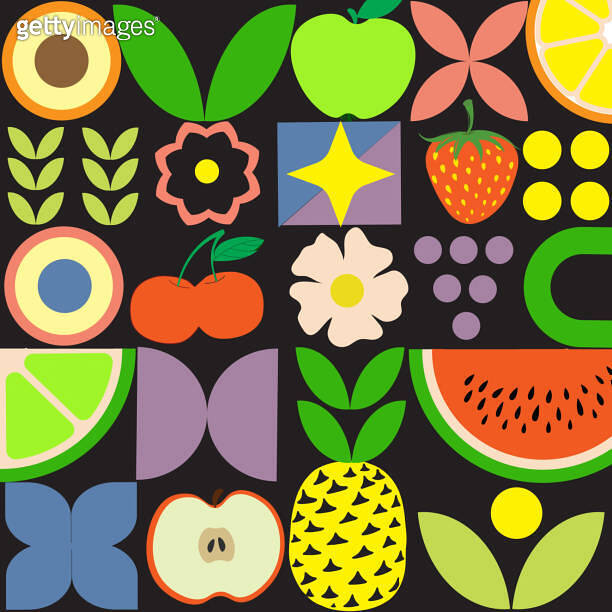 Geometric summer fresh fruit poster with colorful simple shapes ...