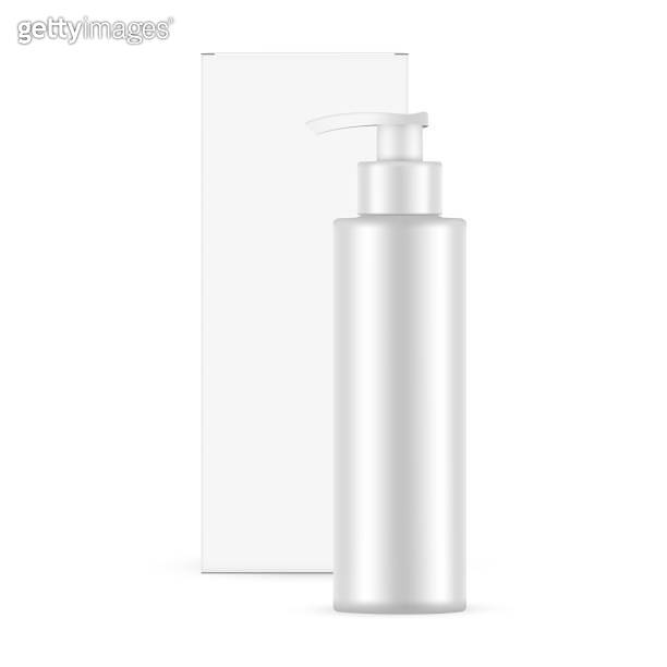 Tall Plastic Pump Bottle With Packaging Box, Front View, Isolated On ...