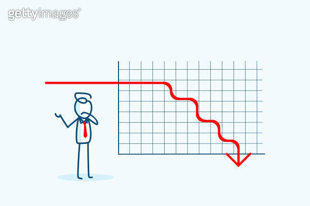 businessman stick figure character in suit standing front of downward ...