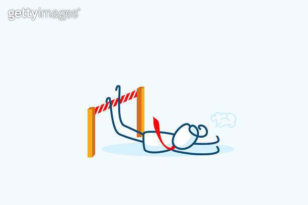 businessman stick figure character fail to jump over hurdle falling to ...