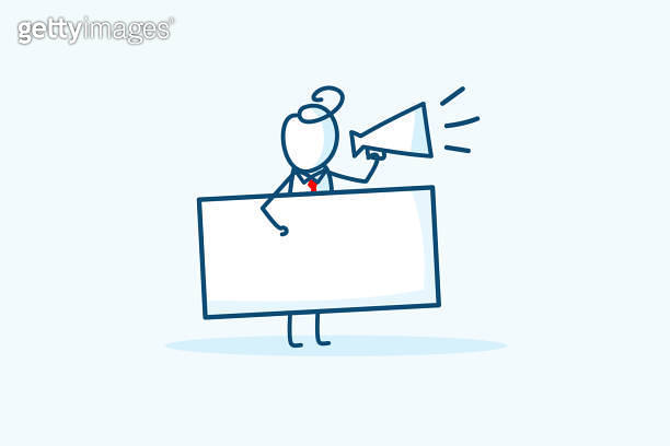 businessman stick figure character with banner speaking through ...