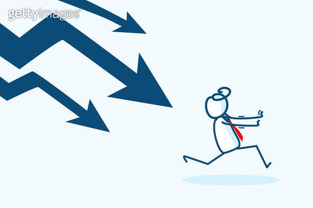 businessman stick figure character run away from falling decrease down ...