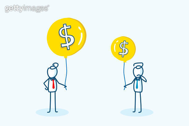 two businessman stick figure character holding coin as balloon ...