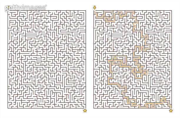 Medium Rectangular Maze with a solution. Line maze game. 이미지 (2157801560) - 게티이미지뱅크