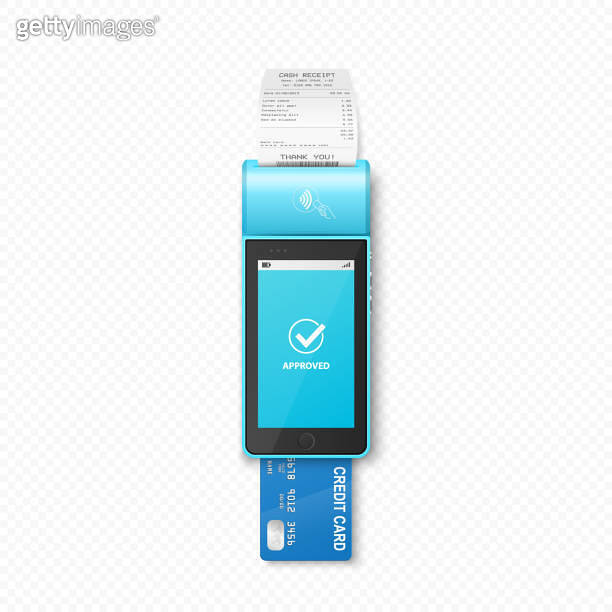 Vector 3D Realistic NFC Payment Terminal with Payment Receipt, Credit Card. Payment Machine ...