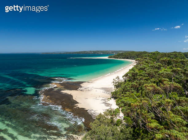 High angle aerial drone view of Huskisson Beach in Huskisson, a ...