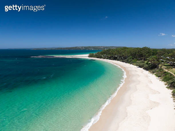 High angle aerial drone view of Huskisson Beach in Huskisson, a ...