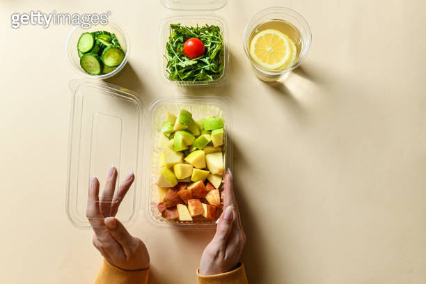 Female Opening Plastic Containers Full Of Different Healthy Food 이미지 ...