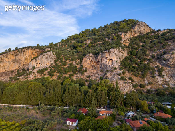 Aerial View of Kaunos King Tombs Carved into Rock in Dalyan Mugla ...