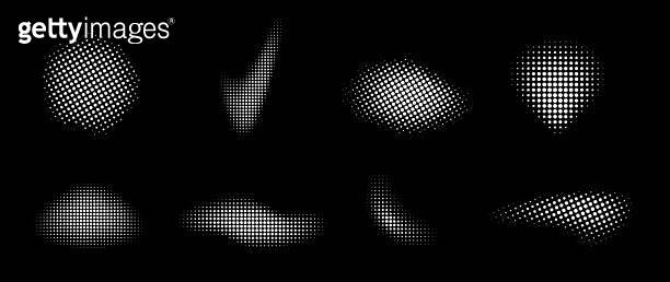 Set of white halftone dots curved gradient pattern texture backgrounds. Curve dotted spots using ...