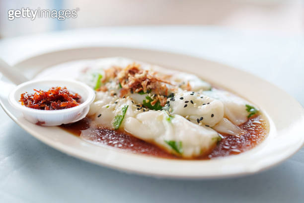 Chee Cheong Fun, steamed rice roll with shrimp, soy sauce and chili ...