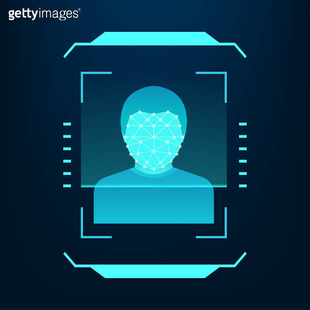 Facial recognition system. Biometric scanning men face, user ...