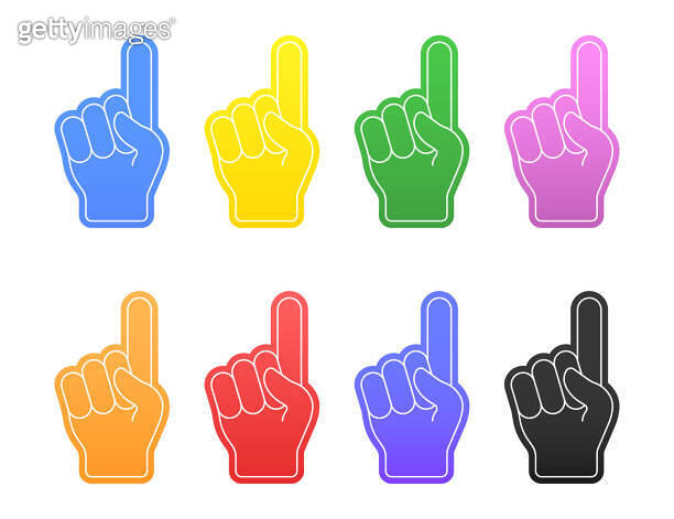 Multi colored number 1 foam fingers. Fan gloves with thumbs up, team ...