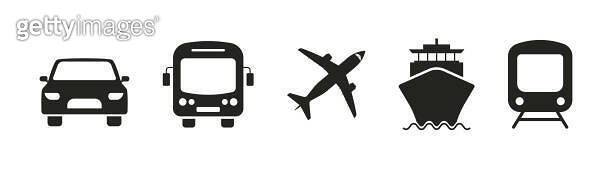 Transport icons set. Auto, bus, train, ship and plane. Delivery symbol ...