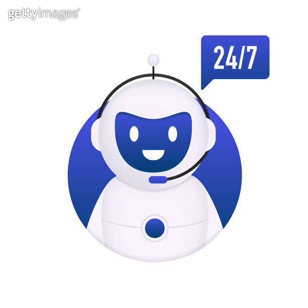 24-7 Chatbot support. Cute Bot with speech bubble sign. Chatbot logo ...