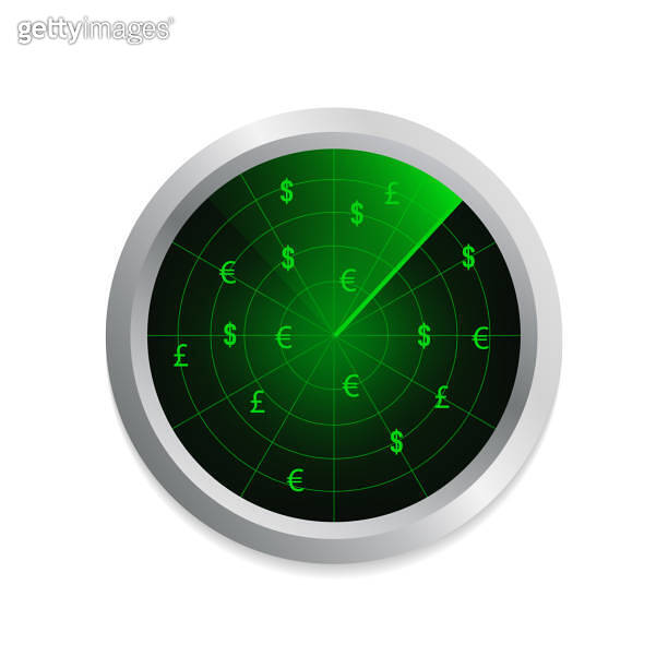 Green locating radar for business. Radar green screen with dollar ...