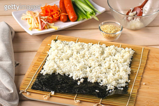 Top View Process Making Gimbap (Korean Roll Rice). White Rice (bap ...