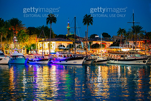 Side, Turkey - October 22, 2023: yacht parking at port at night ...