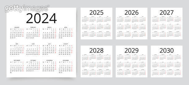 Calendar for 2024, 2025, 2026, 2027, 2028, 2029, 2030 years. Set of ...