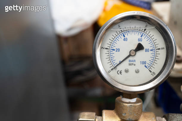 close up of pressure gauge on the machine , engineering equipment ...