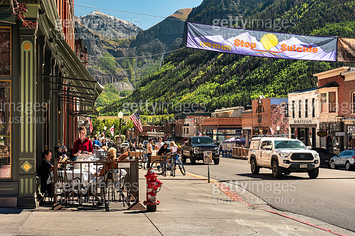 Telluride Colorado historic old mining town Main Street shops and ...