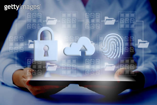 Online documentation database. AI document management system DMS concept. Data protection, cyber ...