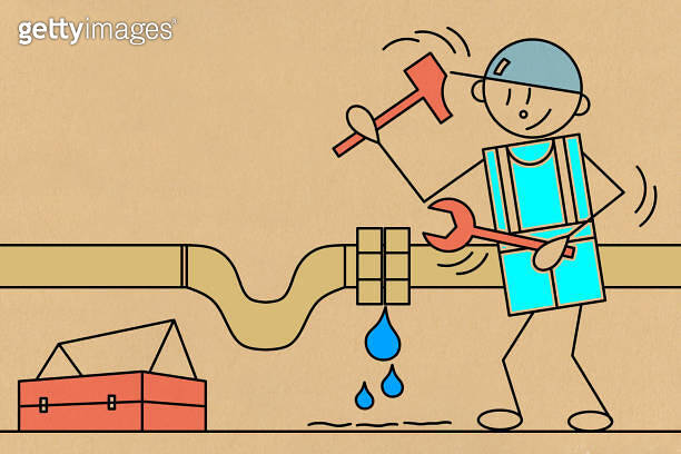 Plumber repairs a damaged leaking pipe - Cartoon man concept ...